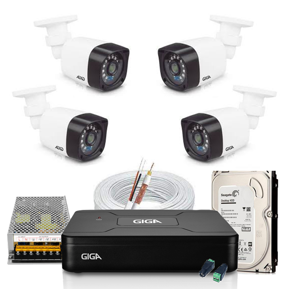 Kit Cftv Giga DVR Gs0082 Com 4 Câmeras Gs0020 720p Giga Completo Com HD ...