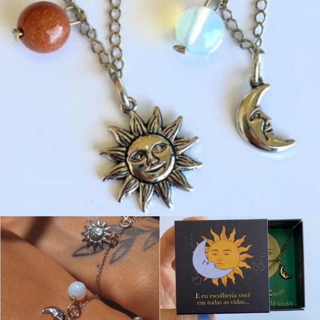 Conjunto com 2 pulseiras Sol e Lua - Metal - com embalagem | Shopee Brasil