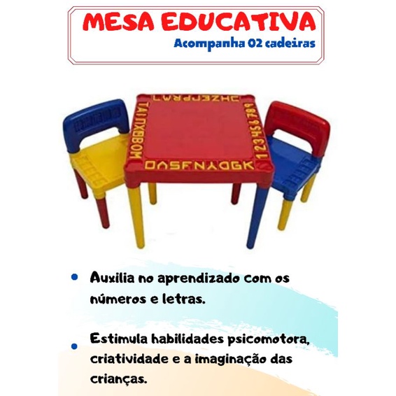 Mesa Educacional C/ 02 Cadeiras P/ Aprendizado C/ Números E Letras P ...