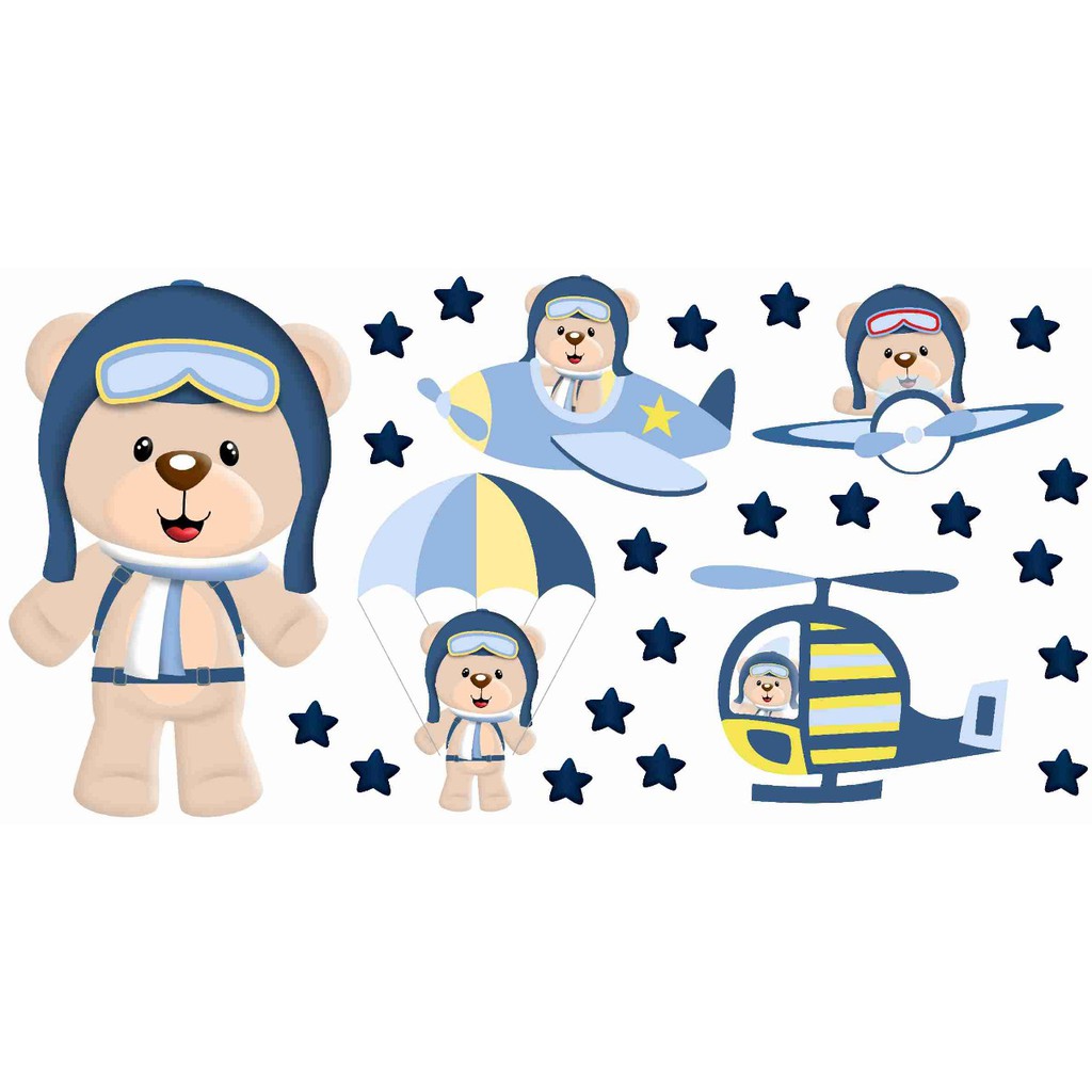 Adesivo De Parede Urso Aviador Ursinho Avião Decoração de Quarto Papel ...