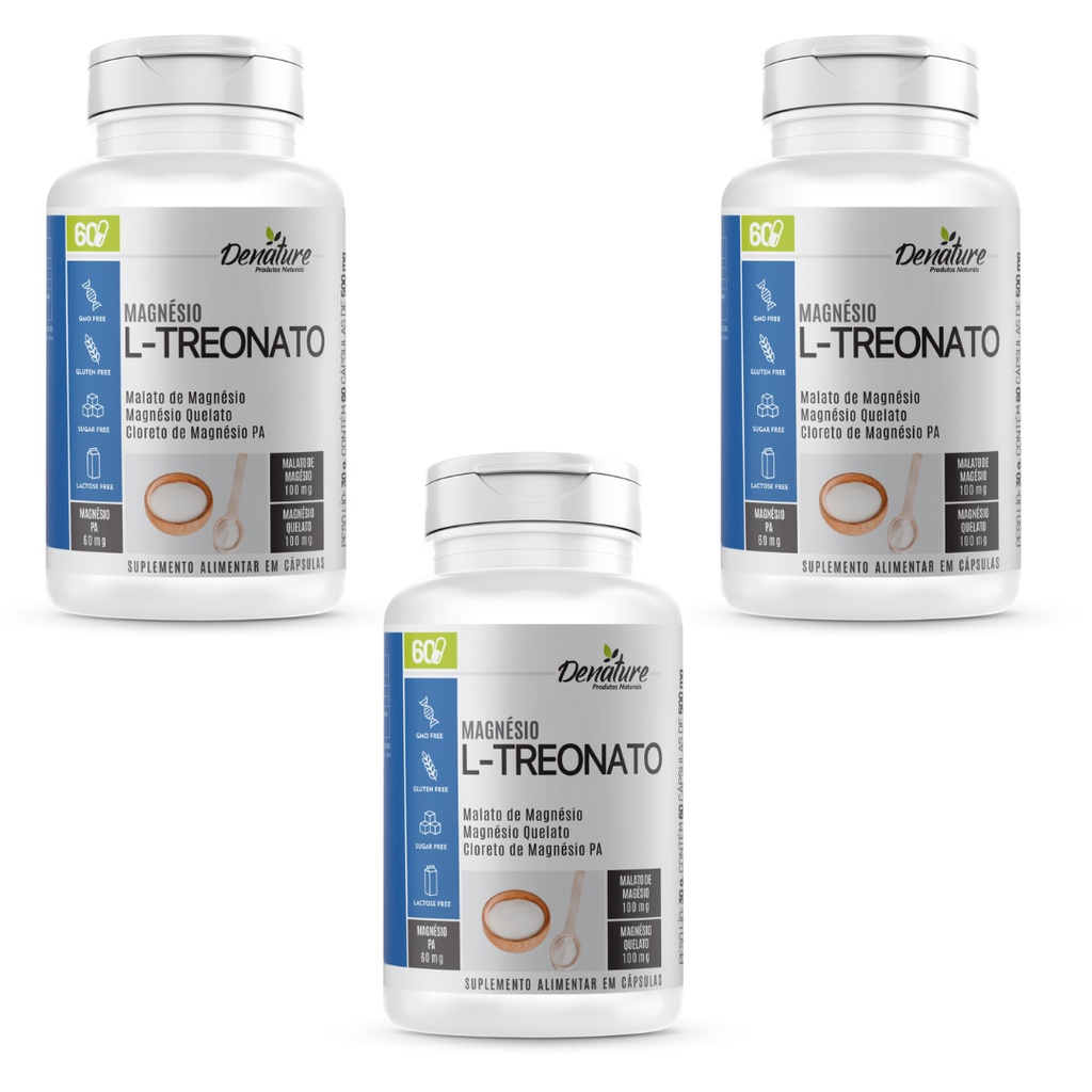 Kit 3 potes de Magnésio L-Treonato 500mg 300 Caps - Desconto no Preço