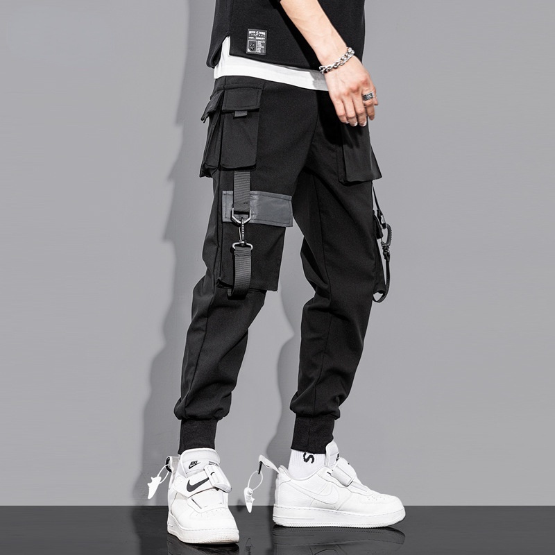 Calça Cargo Masculina Com Design De Fita Bolso Jogger Preta Branca Slim