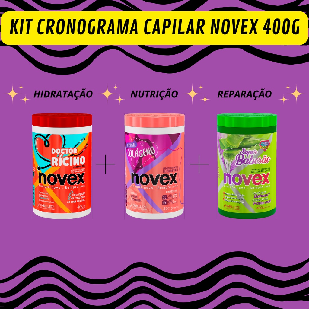 Kit Cronograma Capilar Novex 400g Doctor Rícino + Infusão de Colágeno + Super Babosão - Desconto ...