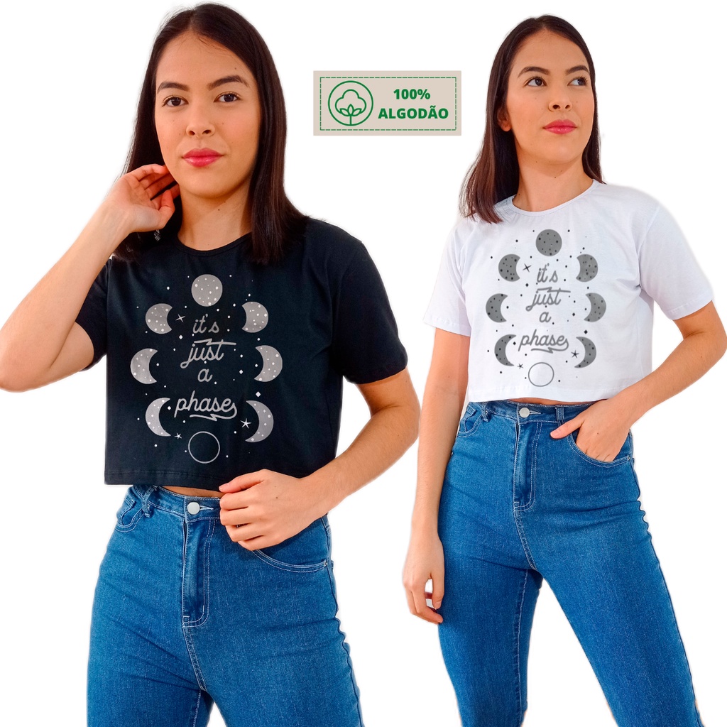 Camiseta Cropped Feminino Algodao Fases Da Lua Gringa | Shopee Brasil
