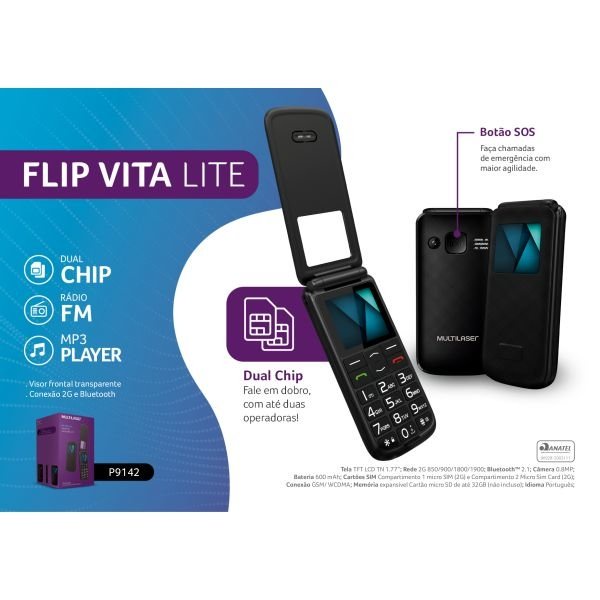Celular Flip Vita Lite Dual Chip Preto - Multilaser | Shopee Brasil