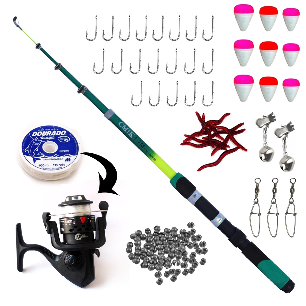 Kit Pescaria Completo Vara Molinete Anzol Boia Isca e Sino | Shopee Brasil