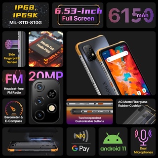 UMIDIGI BISON X10 Smartphone 64GB/128GB Android 11 IP68 & IP69K Celular 6.53" FHD+ 6150mAh NFC ...
