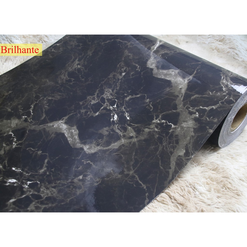 Adesivo Papel De Parede Cozinha 2mx60cm Azulejo Mármore Preto Brilhante
