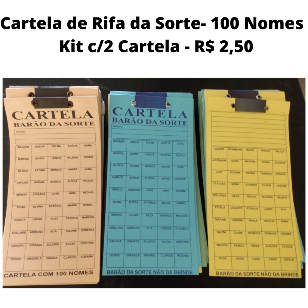 Cartela de Rifa da Sorte com 100 Nomes Kit c/2 Unidade | Shopee Brasil