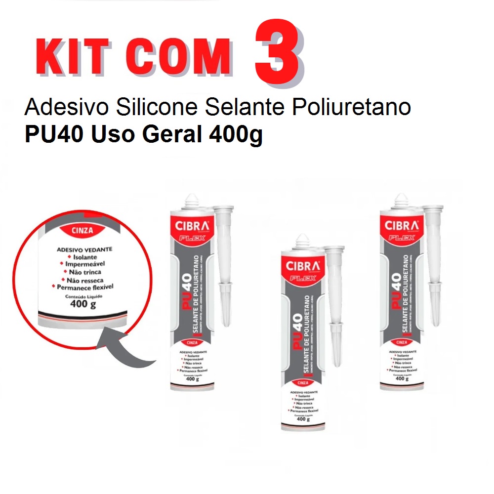 Kit com 3 Adesivos Selante Silicone PU40 Cinza UsoGeral 400G | Shopee ...