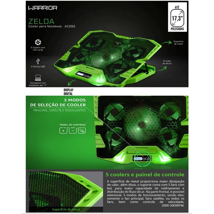 Base Gamer Warrior Master Cooler com 5 FAN para Notebook AC292 ...