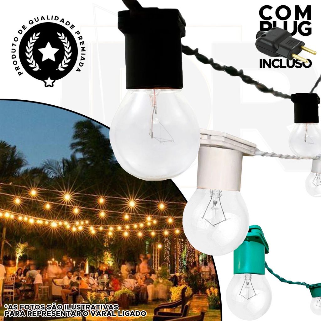 JDK Varal De Luzes 60 Metros Cordão De Iluminação Gambiarra de lâmpadas ...