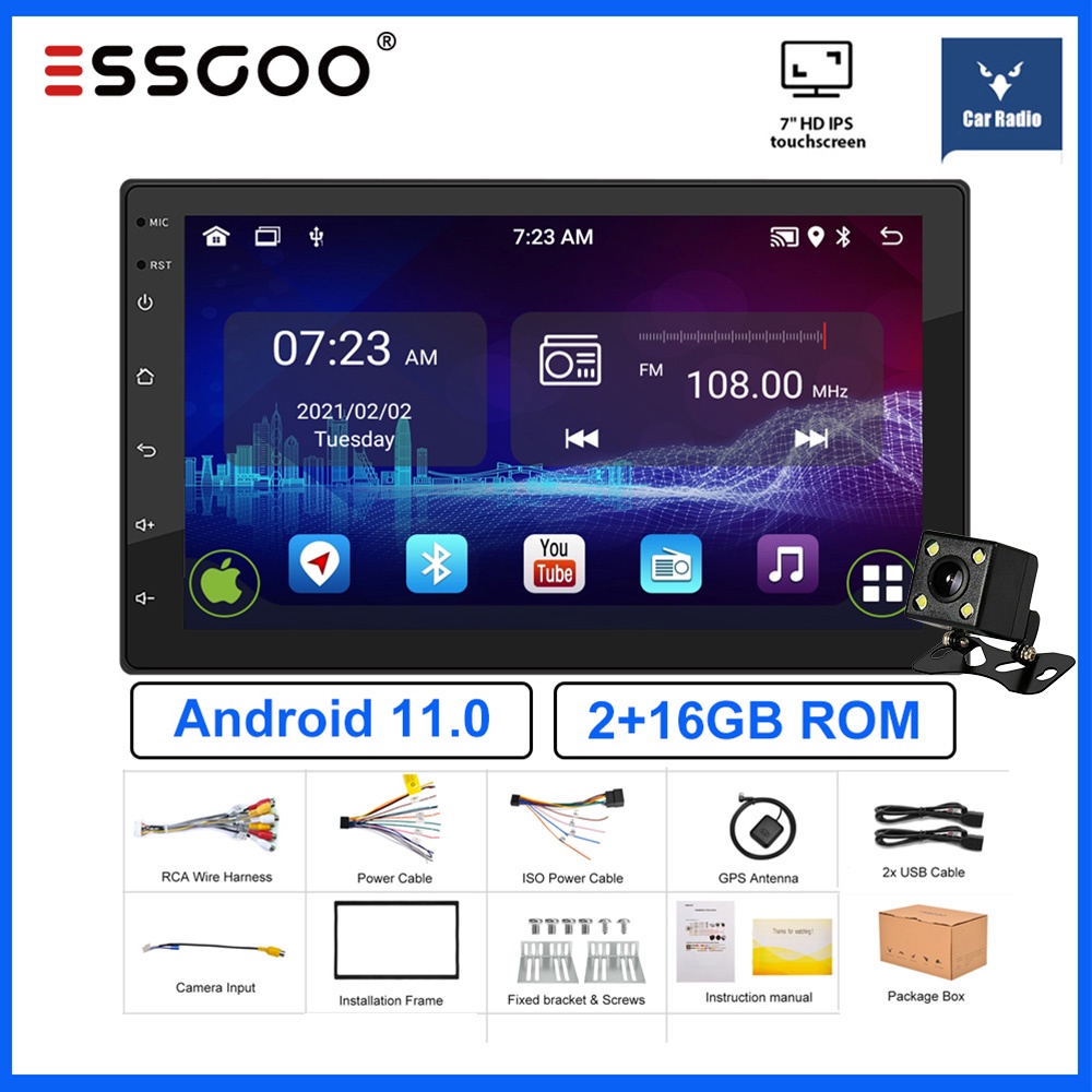 ESSGOO 7 " Polegada Rádio Estéreo Do Carro Android 11.0 Gb MP5 16 2 Jogador FM Bluetooth Apoio ...