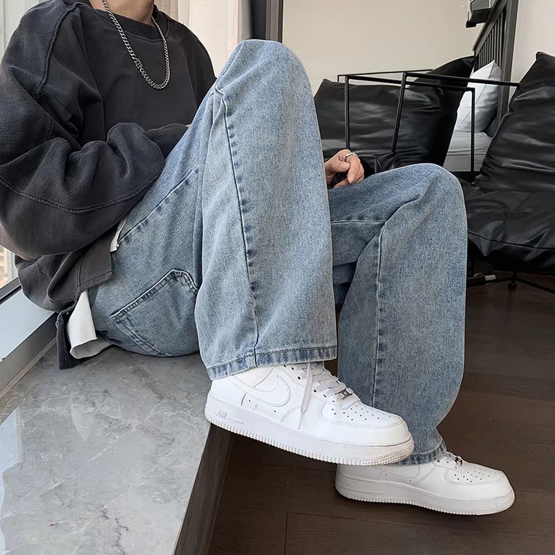 Ins retro wide leg drawstring jeans men's straight tube loose toe daddy ...