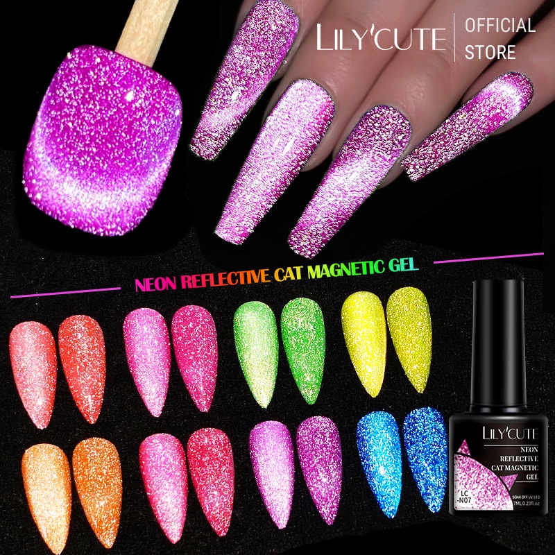 LILYCUTE 7ml Gel Glitter Refletivo Fluorescente Gato Magnético Neon De Roxo Esmalte Semi ...