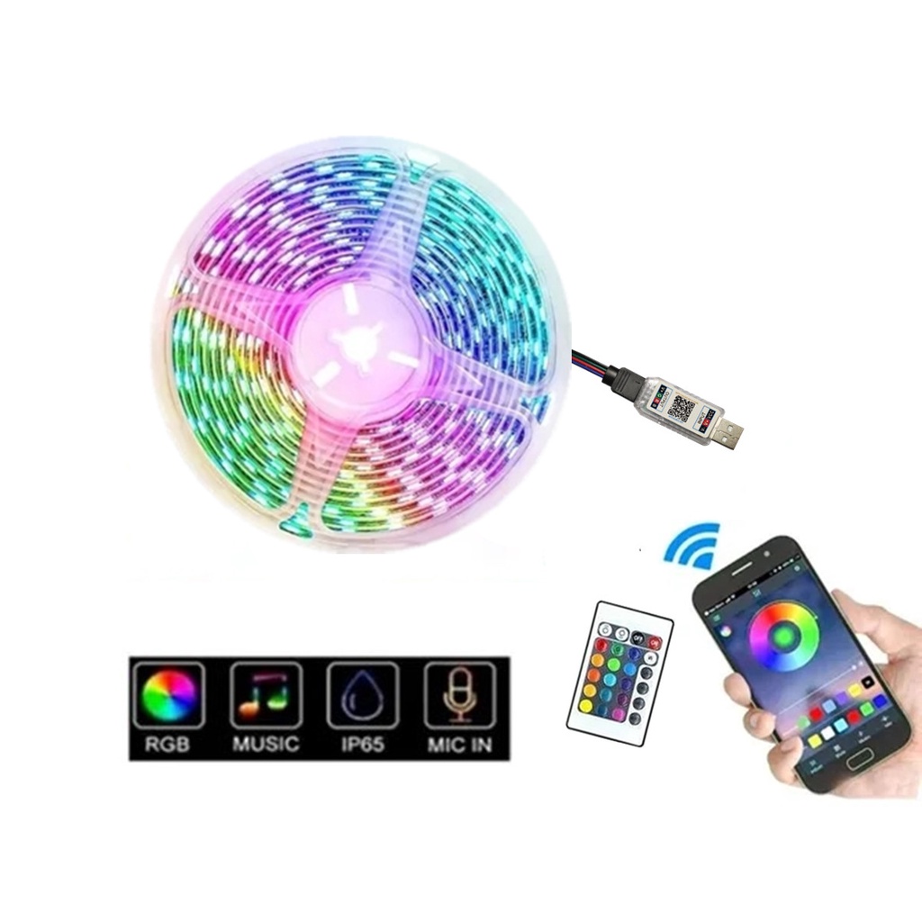 Fita Led 5050 Rgb 5m Bluetooth Ritmo Musical Controle App Android IOS luz ambiental veicular ...