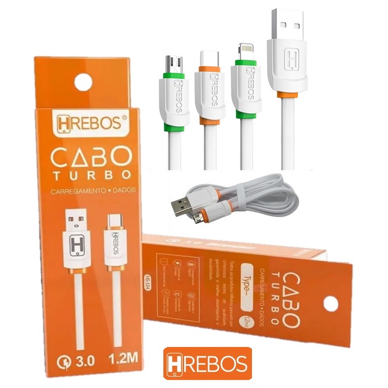 Cabo HRebos Turbo Carregamento e Dados 1,2m iPhone HS-125 / Tipo-C HS-124 / Type-C / Micro USB ...