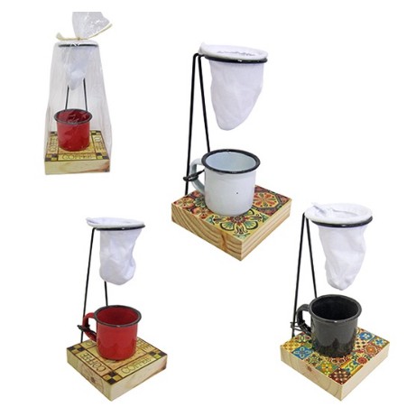 Coador Individual de Café Aramado Mini com suporte e base de madeira e ...