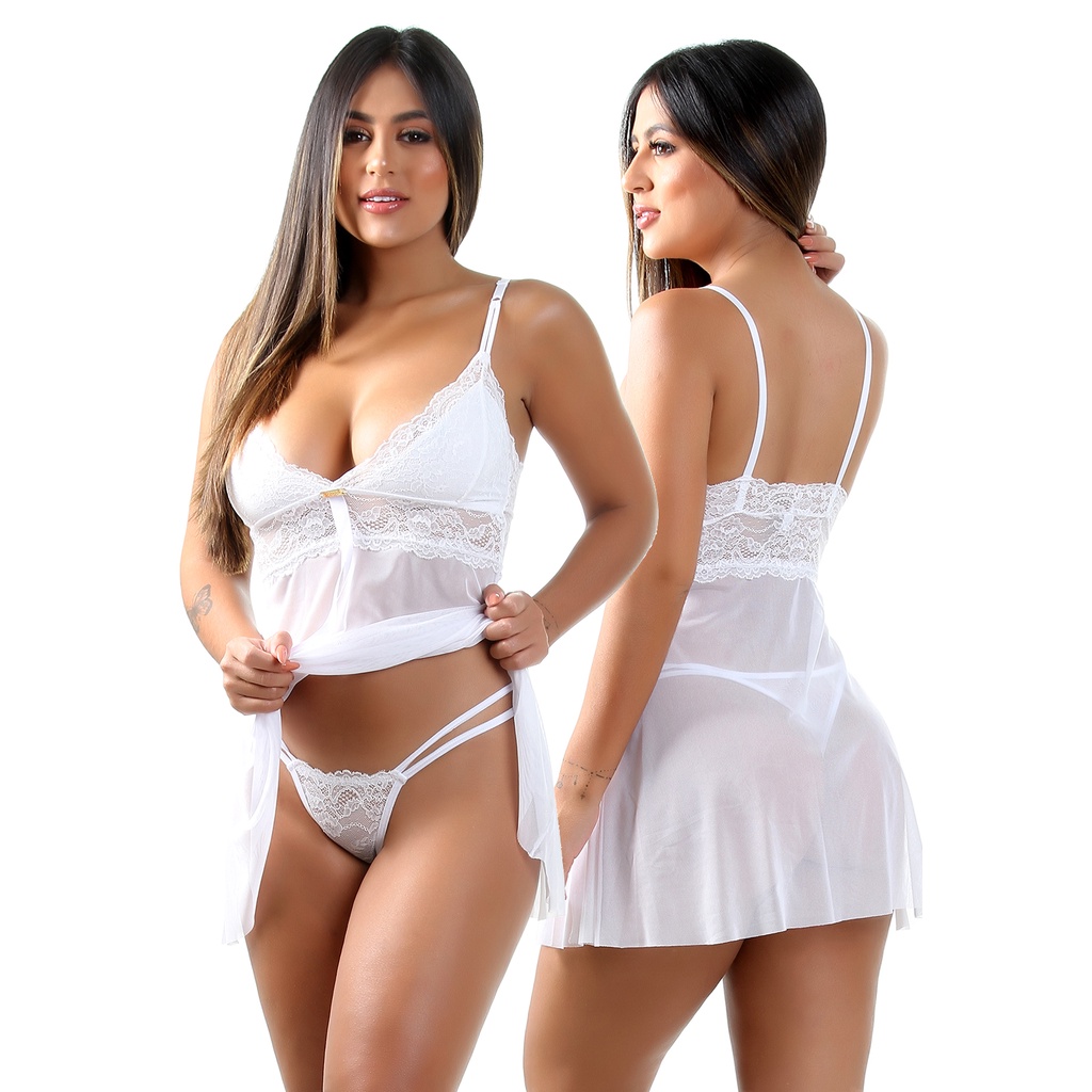 Camisola sexy sem bojo ViDa lingerie renda e Tule transparente com calcinha fio dental lingerie ...
