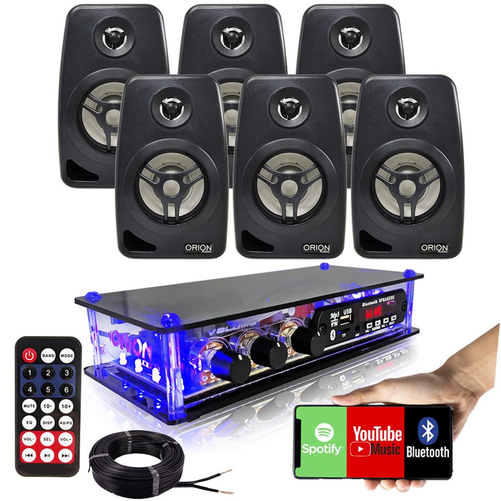 Kit Som Ambiente 6 Caixas Acusticas Pretas com Suporte + Amplificador ...