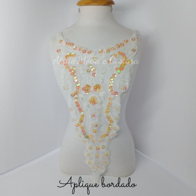 Aplique Bordado no tule com fio de viscose lantejoula Cod: A2 cx04 ...