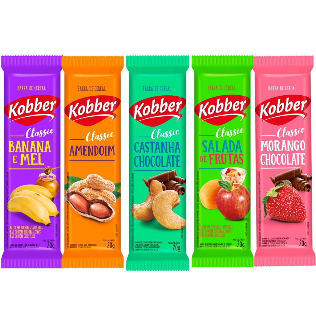 Barra/ Barrinha de Ceral Kobber 20g sabores Banana e Mel, Amendoim, Castanha, Salada de Frutas ...