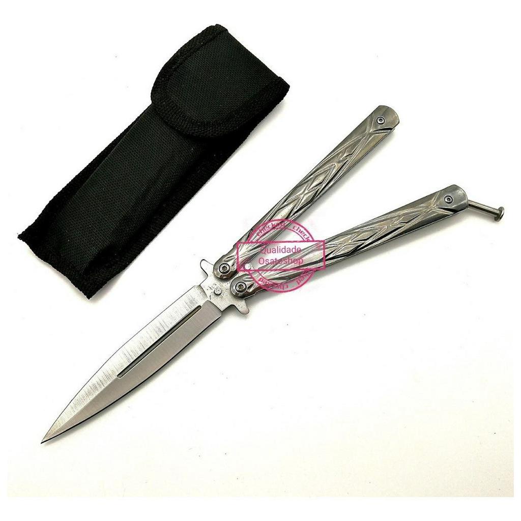Canivete Butterfly Maciço Prateado Treino Afiado Aço + Bainha | Shopee ...
