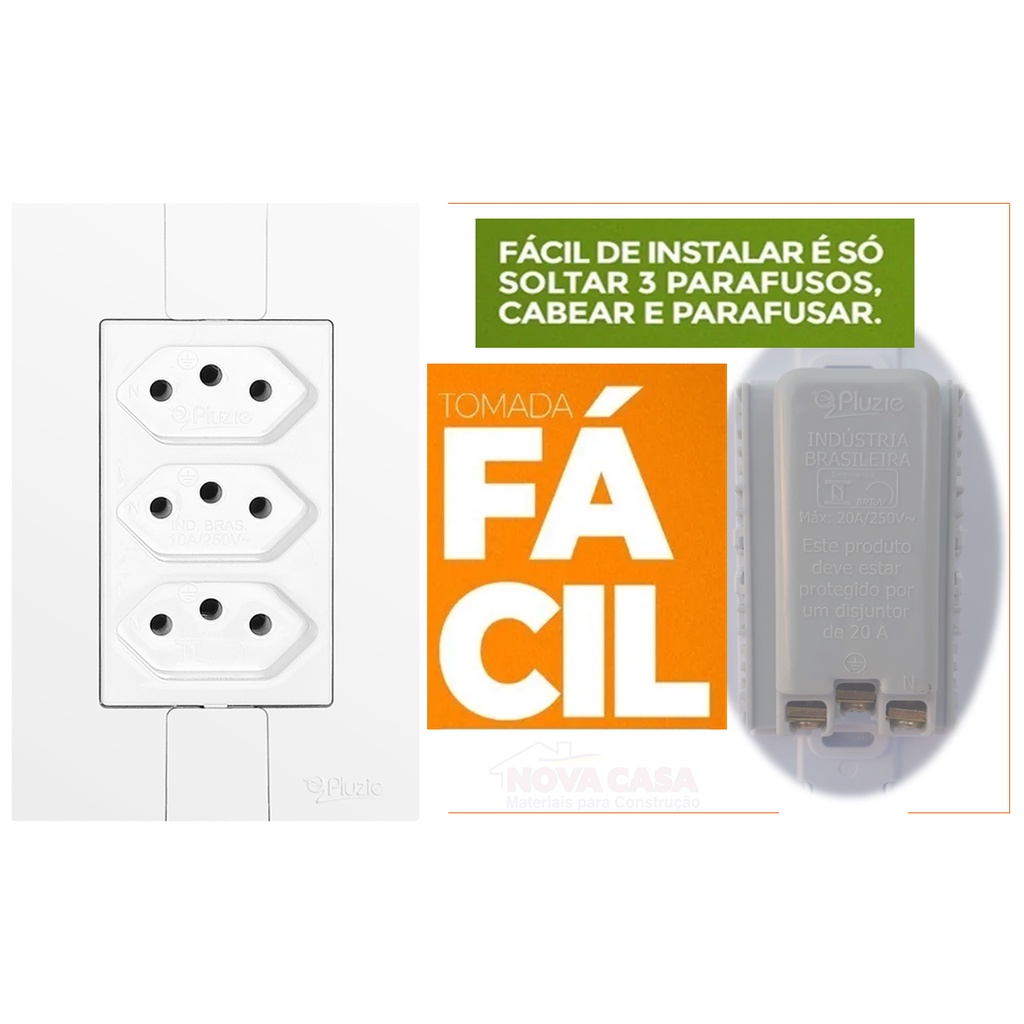 Tomada Tripla Modular 10A 20A Linha Fácil 2P+T Pluzie - 3 Tomadas ...