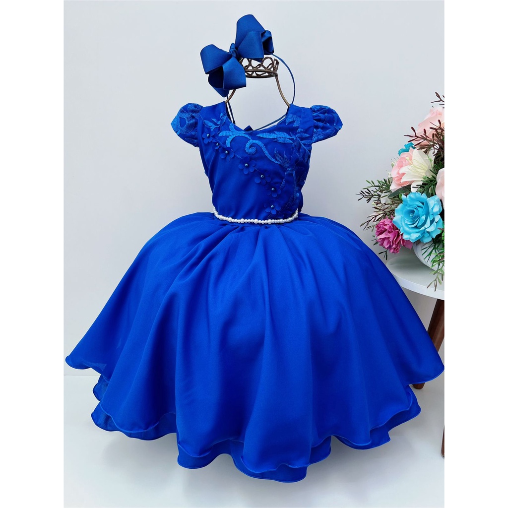 Vestido infantil formatura Azul Roial renda Princesa luxo Casamento ...
