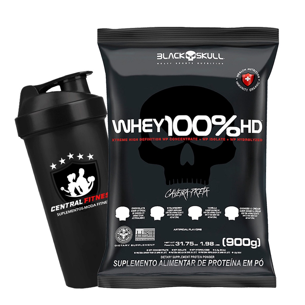 Whey 100% Hd 900g Whey Concentrado + Whey Isolado + Hidrolisado - Black Skull + Coqueteleira ...
