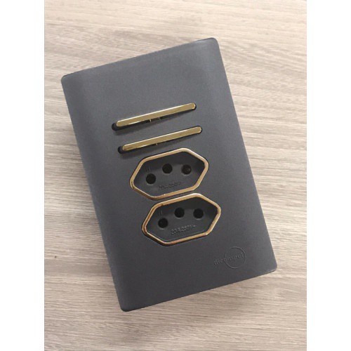 CJ INTERRUPTOR DUPLO SIMPLES + TOMADA DUPLA 10A 4X2 - DICOMPEL NOVARA PRETO GRAFITE GOLD ...