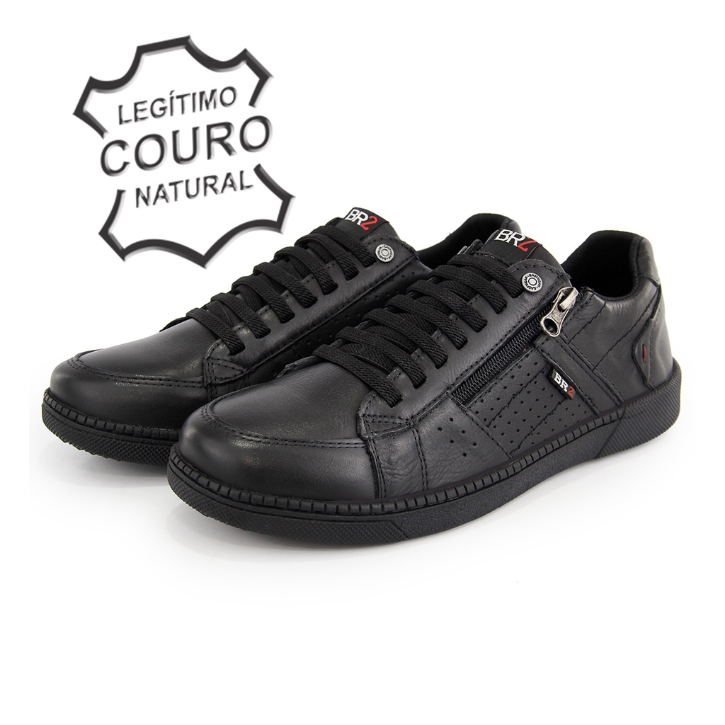 Sapatênis COURO calce fácil Masculino Casual de elástico e Zíper- Preto ...