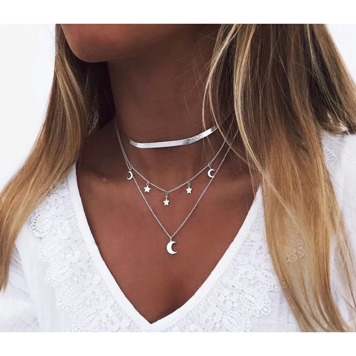 Colar Corrente Choker Lua Estrela Camadas Tumblr | Shopee Brasil