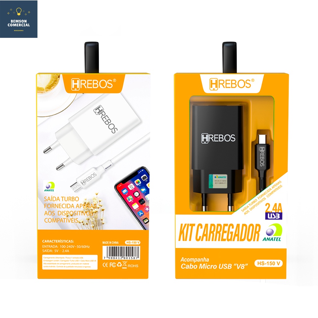 Carregador Tradicional 2.4A - Micro USB(V8) - Hrebos - HS-150V | Shopee Brasil