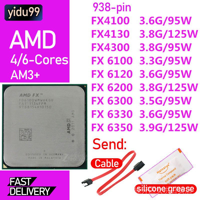 AMD 6-Cores FX-6100 6120 6200 6300 6330 6350-4100 4130 4300 Bulldozer AM3 + 4 Núcleo CPU ...