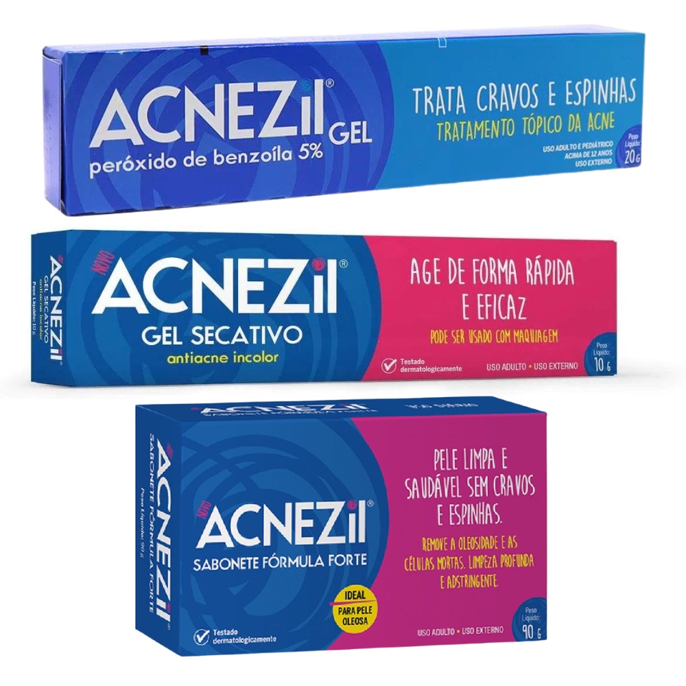 Kit Acnezil Combate Cravos e Espinhas com Acnezil Gel 5%+ Sab Forte ...