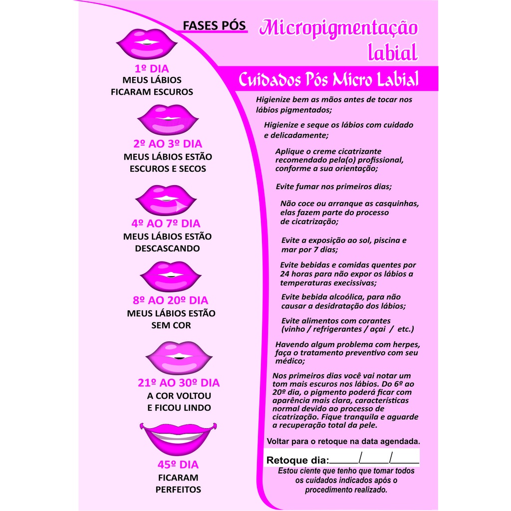 Cuidados Cliente Pós Micropigmentação Labial (1 bloco c/100 Folhas ...