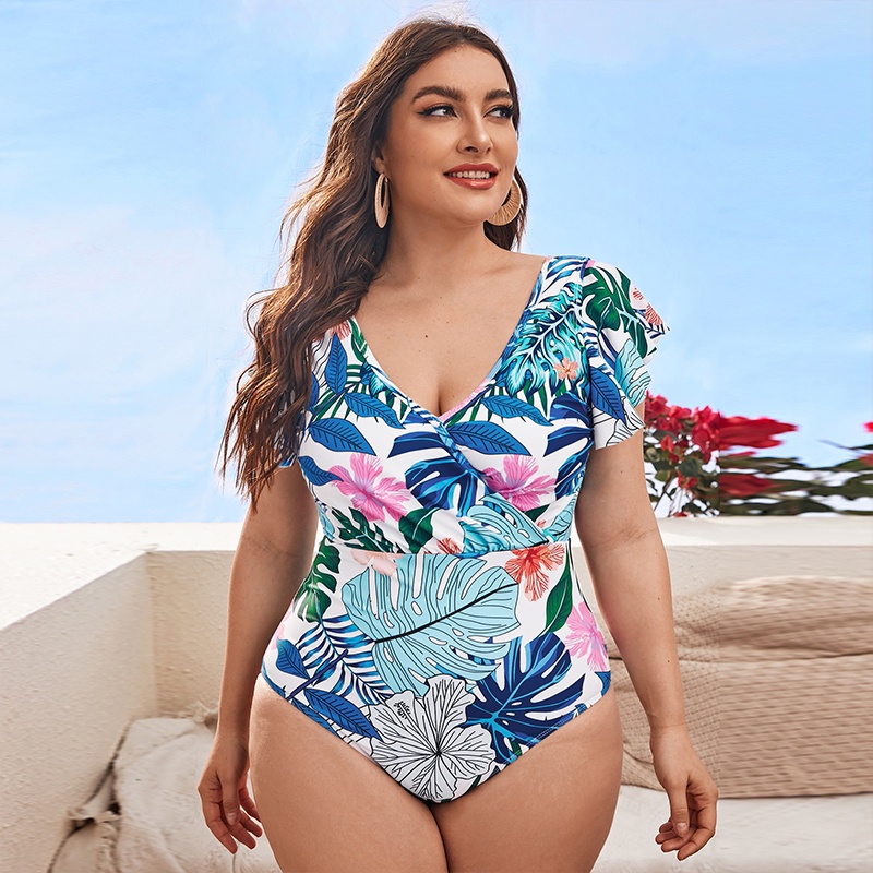 Plus Size One Piece Fato De Banho Feminino V Pescoço Rufos Manga Curta