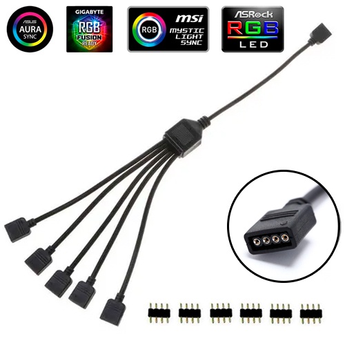 Cabo Adaptador Splitter RGB 1t5 4 pinos 12v - Compatível com Aura Sync, Gigabyte, Msi, Asrock ...