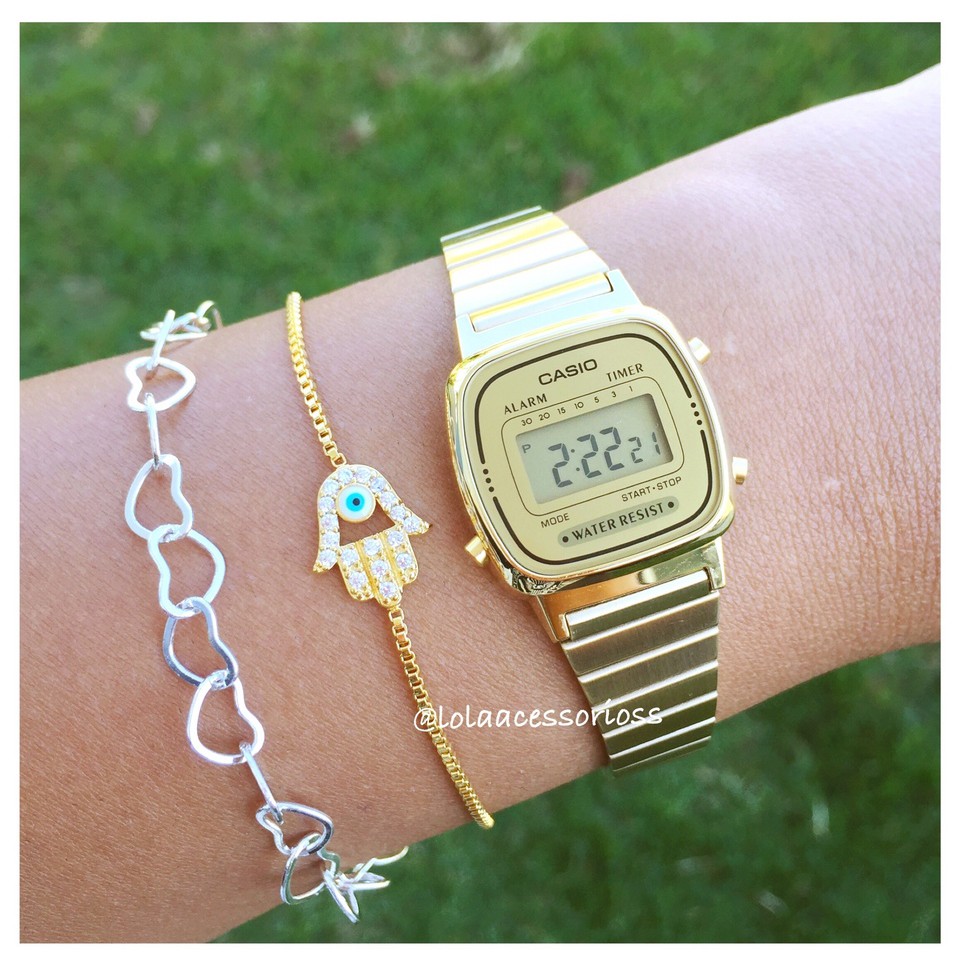 Relógio Feminino Digital Casio Vintage LA670WA-7DF -Mini Dourado Na ...