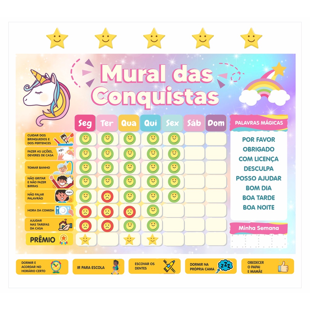 Quadro De Rotina Diária Infantil Tema Unicornio Incentivo para ...