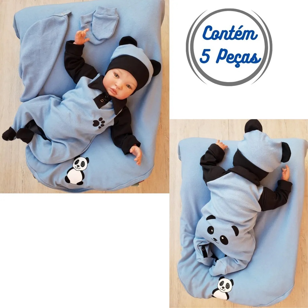 Kit Saída de Maternidade Para Bebe Menino Panda Azul/Cinza 05 peças ...