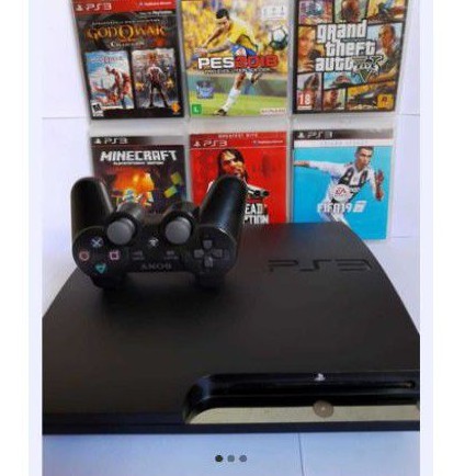 Playstation 3 Ps3 Super Slim + 10 Jogos + 1 Controles - Faz a Boa!