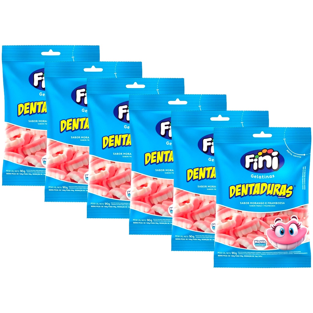 Kit 6 Dentaduras Bala Gelatina Morango Sem gluten Fini 90g | Shopee Brasil
