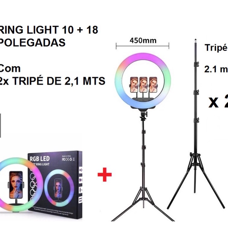 Ring Light Colorido 10 + 18 Polegadas 45cm com 2x Tripe 2,10mt - Kit YouTuber RGB | Shopee Brasil