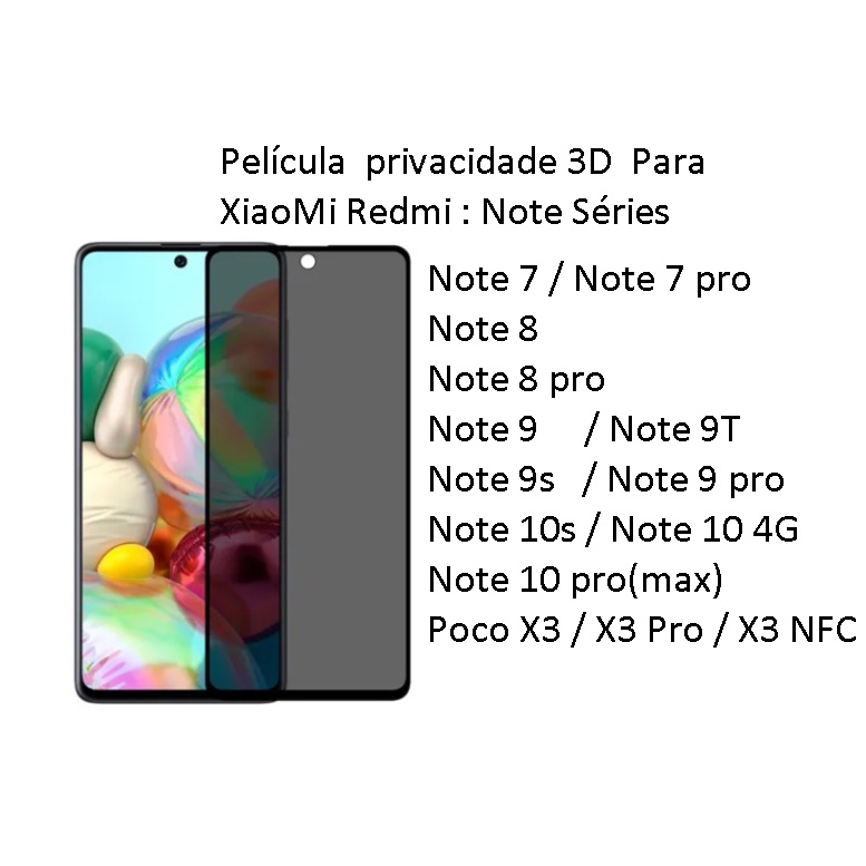 Película Privacidade De Vidro 3d Para Xiaomi Redmi Note 7 8 9 9t 9s 10