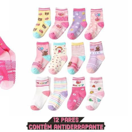 Meia Infantil Menina De 0 A 8 Anos Antiderrapante Emborrachada Kit 12 ...