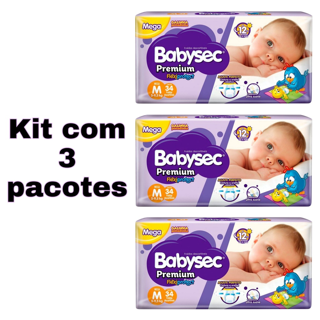Kit c/ 3 Fraldas Babysec Premium Galinha Pintadinha M (Total 102 ...