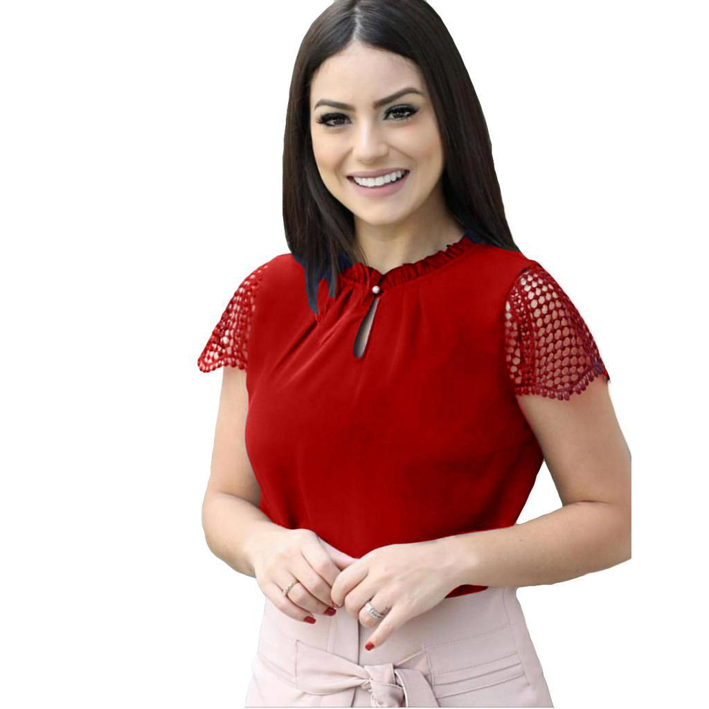 Blusa Social Feminina Manga curta em Renda Gola Gota Barata Blusas ...