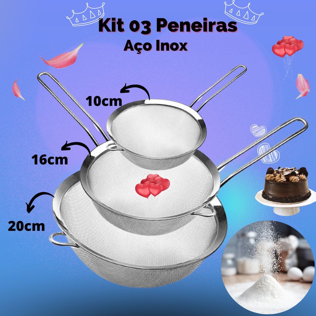kit Peneira De Inox 10cm 16cm 20cm Polvilhar Escorrer Massas peneira ...